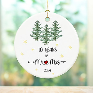 10th Tin Anniversary 2024, 10 Year Anniversary Mr and Mrs Gifts for Couple, 10th Wedding Anniversary for Husband Wife, 2.9" Ceramic 10th Anniversary Keepsake Christmas Decoration