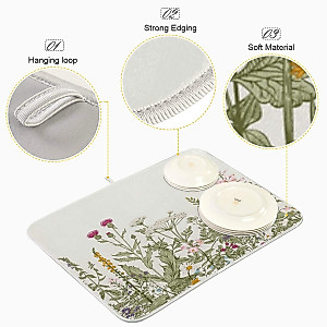 Baofu Herbs And Wild Flowers Dish Drying Mat for Kitchen Counter, Ultra Absorbent Reversible Microfiber Dishes Drying Rack Pad Heat-resistant Mats 16x18in