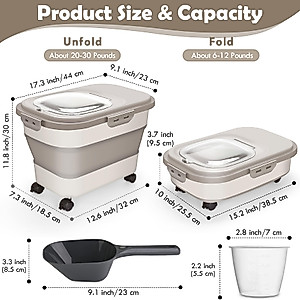 SSAWcasa Rice Storage Container, 20-30Lbs Airtight Large Food Storage Containers with Wheels, Scoop & Measuring Cup, Collapsible Kitchen Flour Bin, Dry Food Storage Holder for Rice Pet Food
