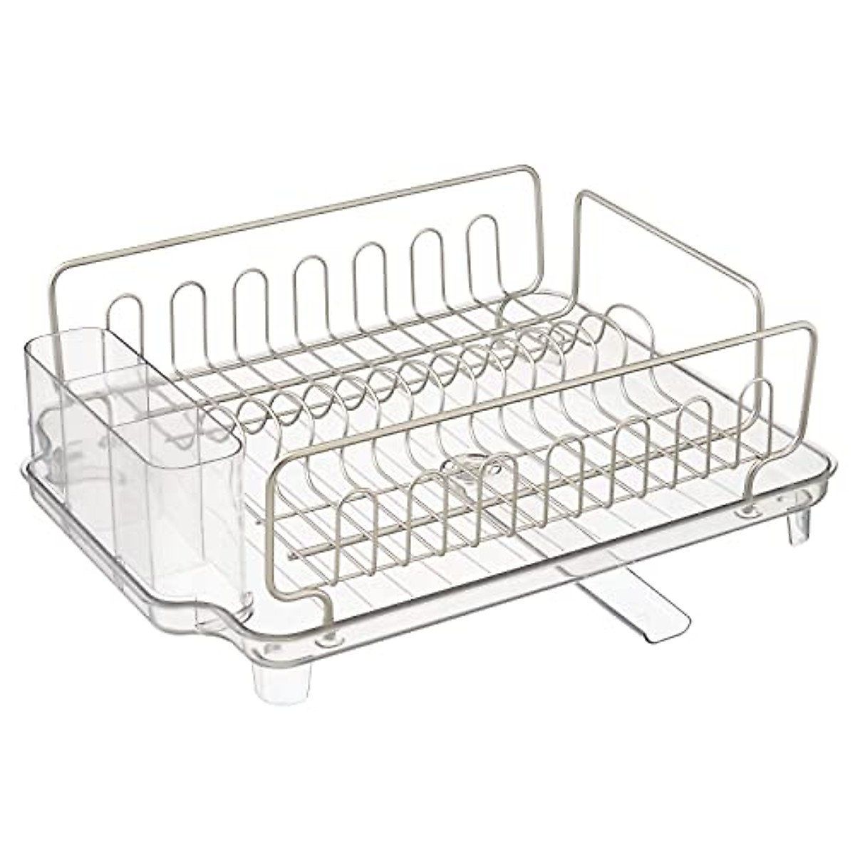mDesign Large Metal Wire Kitchen Countertop, Sink Dish Drying Rack with Removable Plastic Cutlery Tray Caddy and Drainboard with Adjustable Swivel Spout - 3 Pieces - Satin/Clear