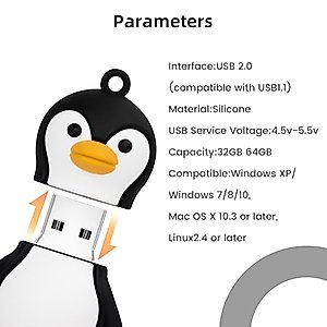 USB Flash Drive 64GB Cute Penguin Model USB Drive Thumb Drives USB 2.0 Memory Stick for External Data Storage