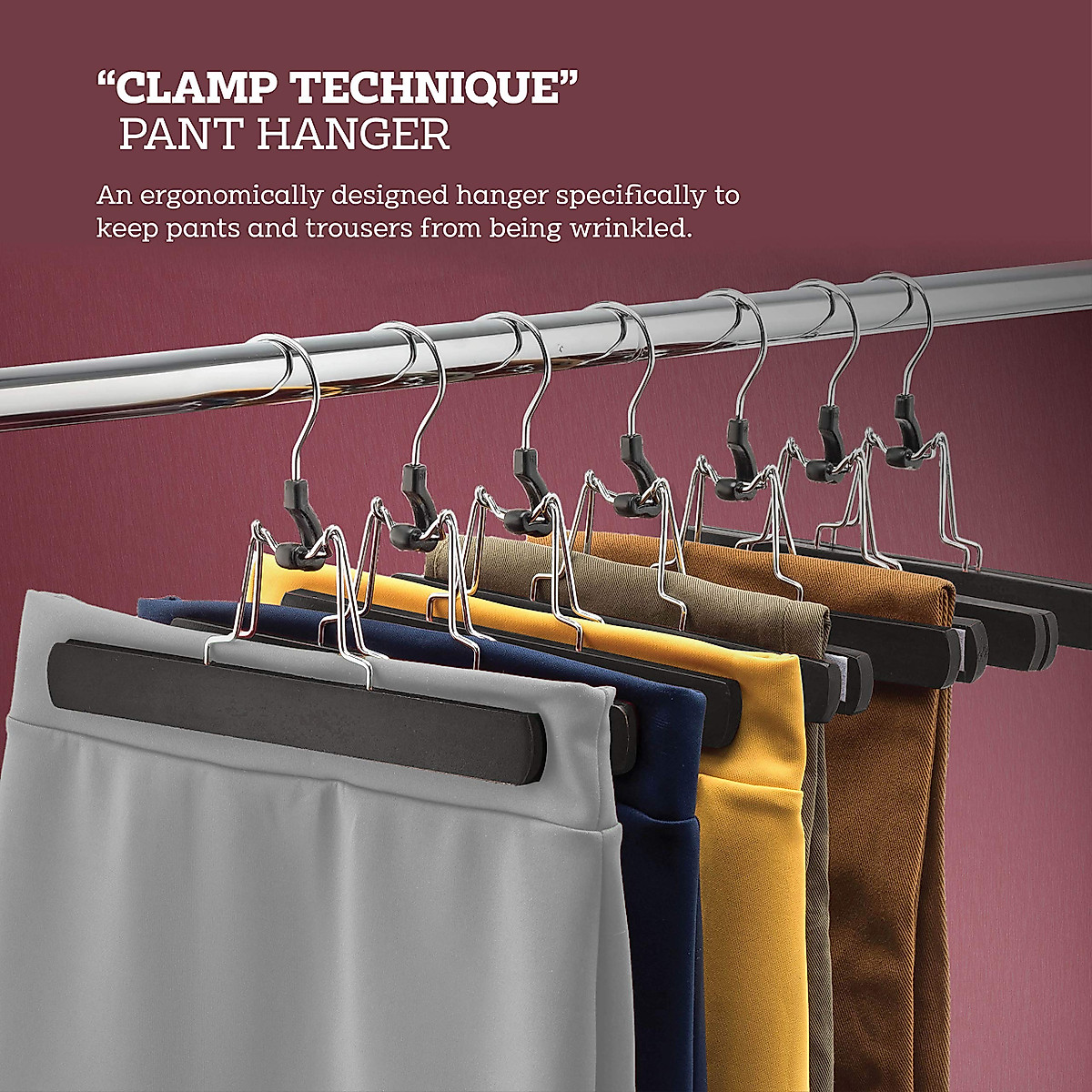 ZOBER High-Grade Smooth Finish Non Slip Wooden Cloth Hangers with Clips for Skirts, Slacks - 360° Swivel Hook - (10 Pack)