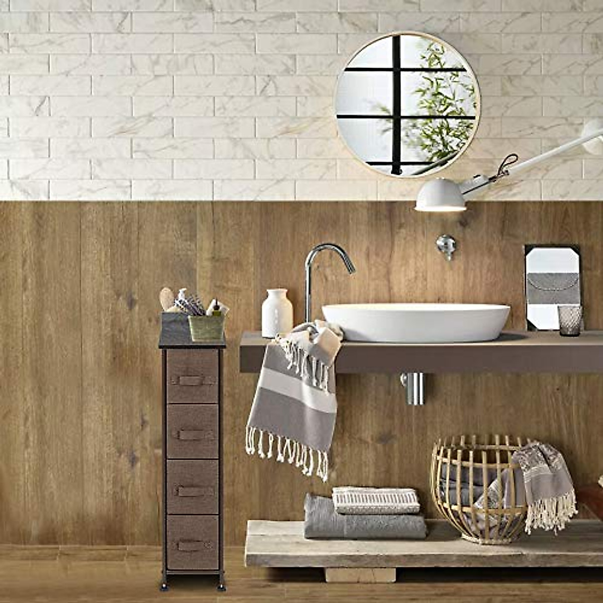 Narrow Dresser, Vertical Storage Unit with 4 Fabric Drawers, Metal Frame, Slim Storage Tower, 7.9" Width, for Living Room, Kitchen, Small Space, Gap (Brown)