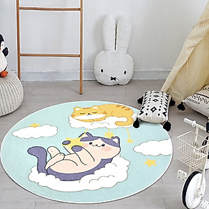 TEALP Kids Rugs 4Ft Large Round Play Mat Cute Cat Baby Crawling Mat Circle Children Rug for Nursery Decor Soft Floor Carpet for Living Room Washable Bedside Rug for Kids Bedroom Cute Cat Theme Decor