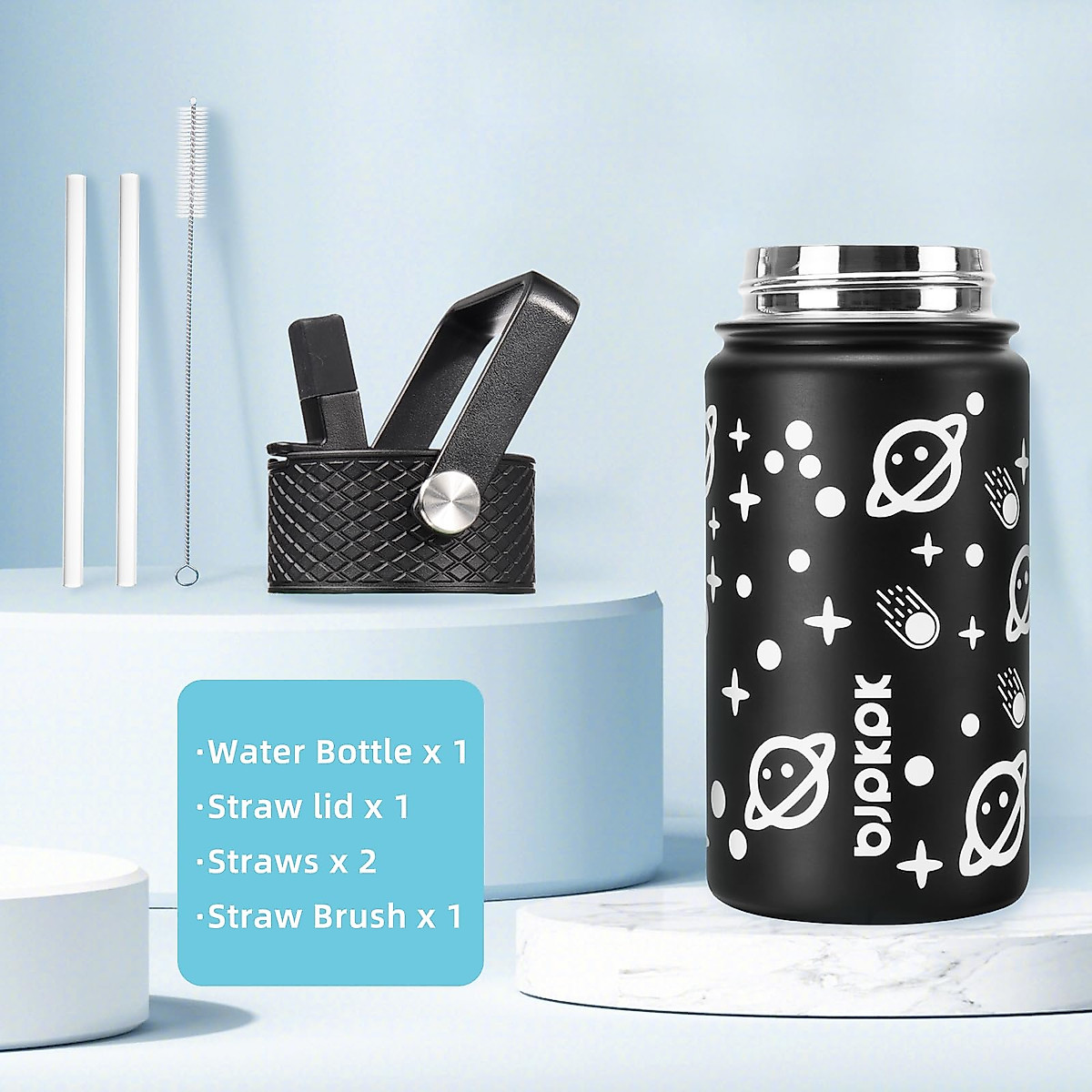 BJPKPK Kids Water Bottle with Straw Lid, 15oz Stainless Steel Water Bottles, Insulated Water Bottle for School, Reusable Leak Proof BPA Free Flask, Space Traveller