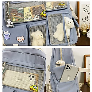 RRRWEI Kawaii backpack with pins and plush bear pendant cute backpack solid color backpack aesthetic backpack for teen girls (black)