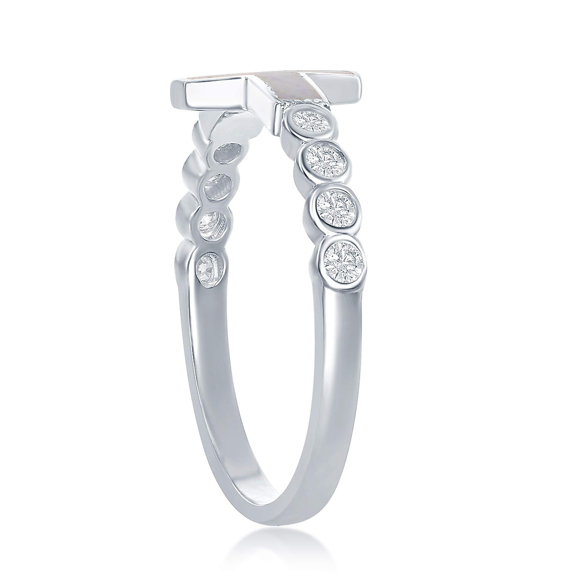 Sterling Silver Created White Opal Cross CZ Band Ring (Size 9)