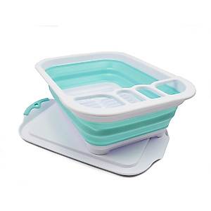 SAMMART 7.5L (2 Gallon) Collapsible Dish Drainer with Drainer Board - Foldable Drying Rack Set - Portable Dinnerware Organizer - Space Saving Kitchen Storage Tray (White/Lake Green, 1)