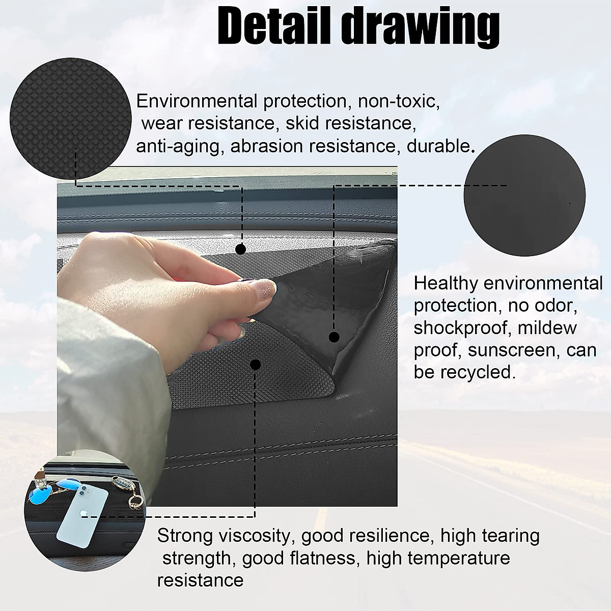 Car Dashboard Anti-Slip Rubber Pad, Two-Sided Super Sticky Dashboard Anti Slip, 10.6 x 5.9 Universal Non-Slip Car Dashboard Sticky Adhesive Mat for Cell Phones, Sunglasses, Keys More (Square /Black)