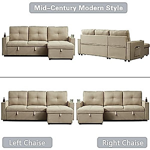 INSTORY Mid-Century Modern Linen Sofa L-Shaped Sectional Sofa Pull Out Sofa Bed Convertible Sleeper Sofabed with Storage Chaise & USB & Cup Holder for Living Room-Brown
