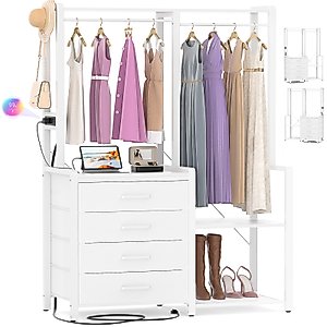 Cyclysio Small Clothes Rack with 4 Drawers, Reversible Garment Rack with Storage Shelves & Charging Station, Freestanding Closet System Organizer with 2 Hooks for Small Spaces, White