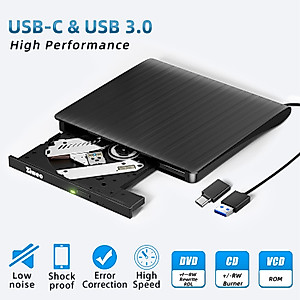 External DVD Drive USB 3.0 Type-C CD Burner Portable CD +/-RW Drive DVD Player for ROM Rewriter Burner Compatible with Laptop Desktop PC Windows MacBook Linux Mac OS
