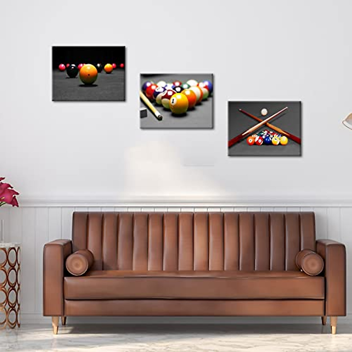 Conipit Billiards Canvas Wall Art Pool Table Pictures Leisure Sport Painting Snooker Photo Painting for Game Room Club Bar Wall Decor Stretched and Framed Prints Ready to Hang 12"x16" x 3Pcs