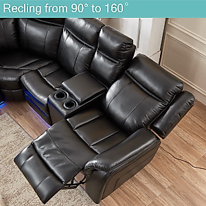 Comfort Stretch Sectional Recliner Sofa Set with LED Lights Power Reclining Couch Faux Leather Consoles Storage Boxes/USB Port/Cup Holders Living Room Furniture Home Theater Seating, Black