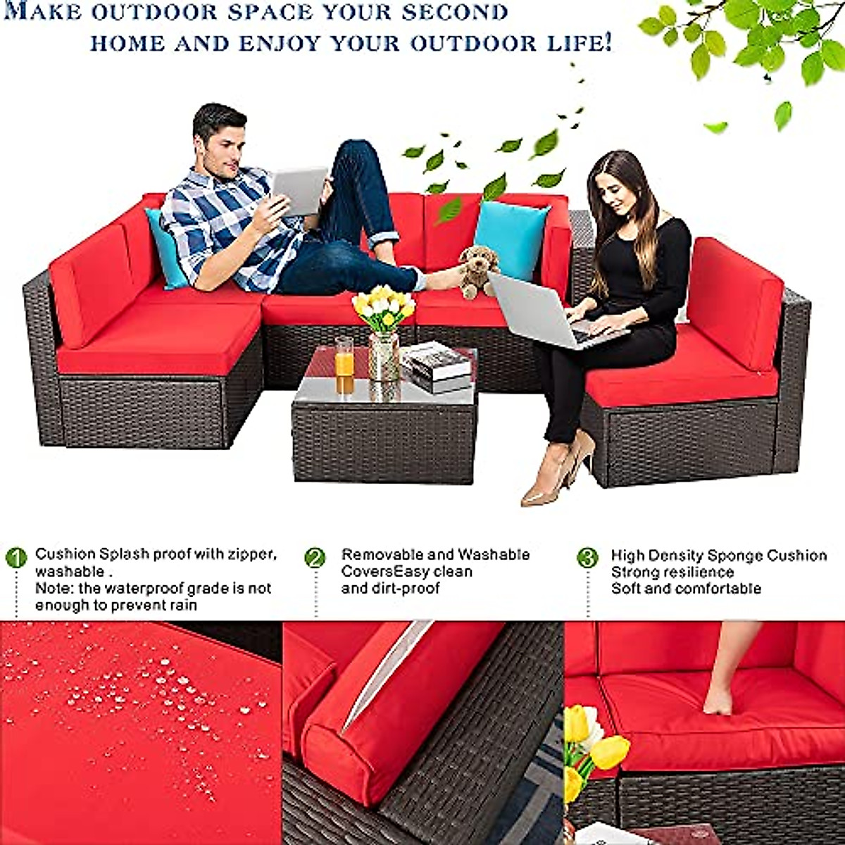 Vongrasig 6 Piece Small Patio Furniture Sets, Outdoor Sectional Sofa All Weather PE Wicker Patio Sofa Couch Garden Backyard Conversation Set with Glass Table,Red Cushions and Blue Pillows (Red)