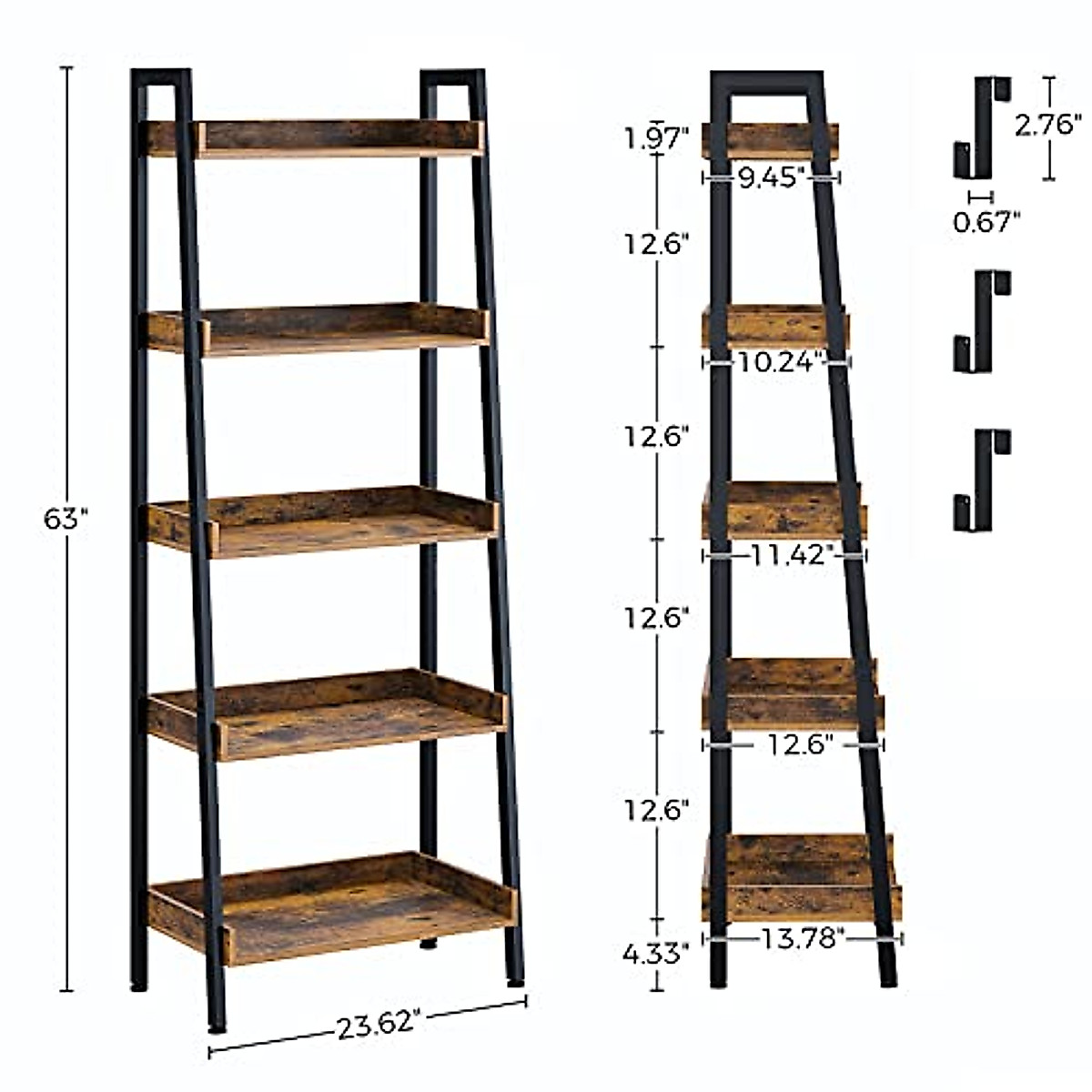 Rolanstar Bookshelf, 5 Tier Ladder Bookshelf with 3 Hooks, Industrial Bookcases, Freestanding Display Plant Shelves with Metal Frame for Living Room, Rustic Brown