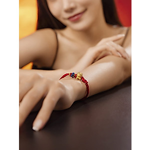 ZHOU LIU FU 24K Solid Gold Bracelet for Women, Real Pure Gold Jewelry Dainty Fortune Pixiu Ball Dragon Turtle Adjustable Red Black Braided Bracelet for Men Girlfriend