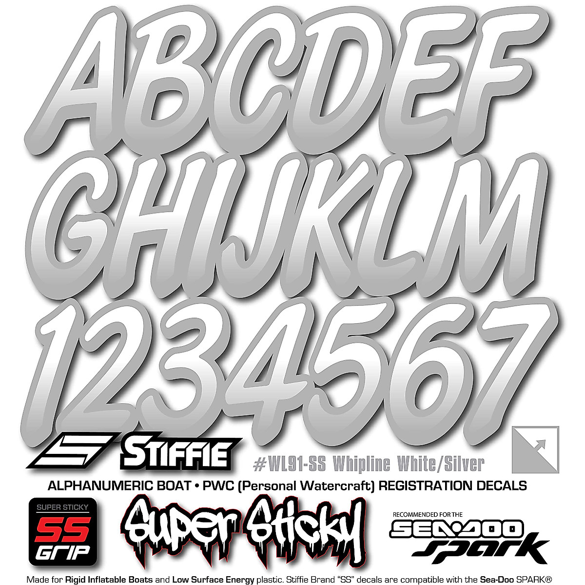 STIFFIE Whipline White/Silver SUPER STICKY 3" Alpha Numeric Registration Identification Numbers Stickers Decals for Sea-Doo SPARK, Inflatable Boats, RIBs, Hypalon/PVC, PWC and Boats.