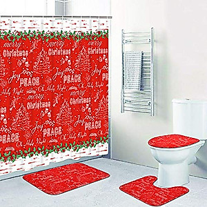 Alishomtll 4 Pcs Merry Christmas Shower Curtain Sets with Non-Slip Rugs, Toilet Lid Cover and Bath Mat, Christmas Tree Shower Curtain with 12 Hooks, Red Shower Curtain for Bathroom Decoration