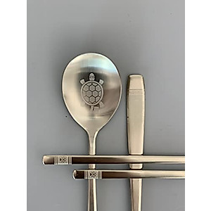 cozymomdeco Korean Made Traditional Pattern Engraved Chopsticks Spoon Set 18-10 Stainless Steel Gold Color 2SET