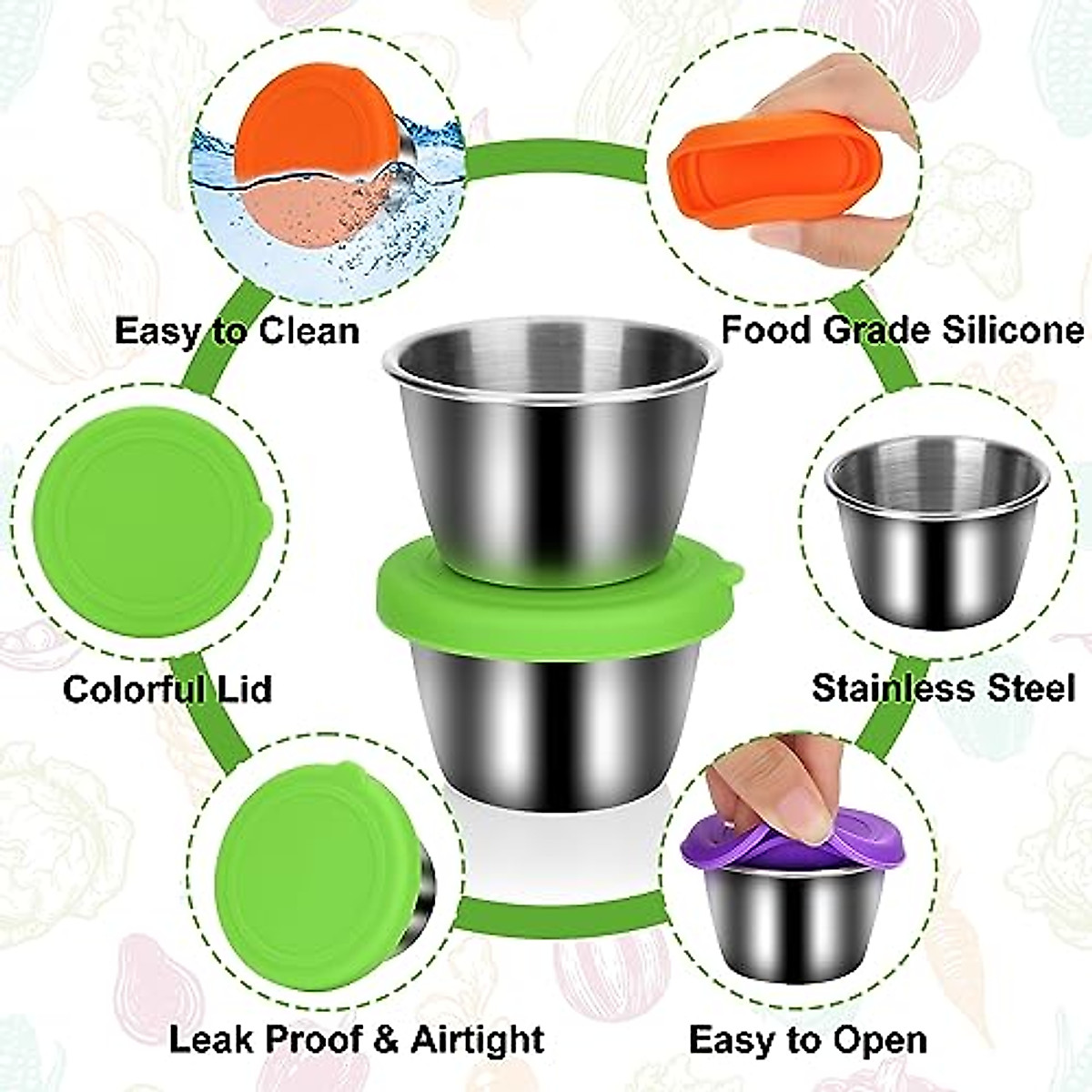 Soleebee 3 Pack Salad Dressing Containers to Go, 2.4oz Small Travel Condiment Containers, Reusable Stainless Steel Dipping Sauce Cups with Leakproof Silicone Lids for Bento Box (Purple/Green/Orange)