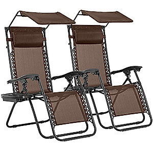 BestMassage Patio Lounge Chair 2 Pack Recliner W/Folding Canopy Shade and Cup Holder for Outdoor Funiture (Brown)