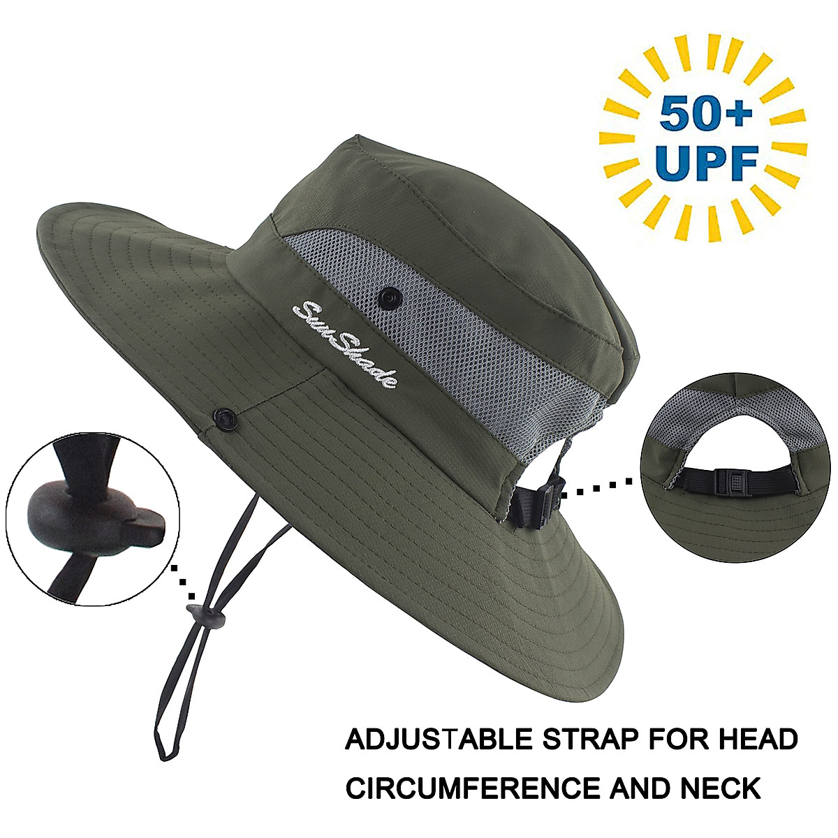 Women Ponytail Summer Sun Hat Wide Brim UV Hats Floppy Bucket Cap for Safari Beach Fishing Gardening Army Green