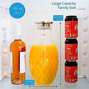 Large Glass Pitcher with Lid and Spout - 100 Ounces Big Cold and Hot Water Carafe with Unique Glass Diamond Pattern, Beverage and Water Pitcher for Homemade Iced Tea and Juice.