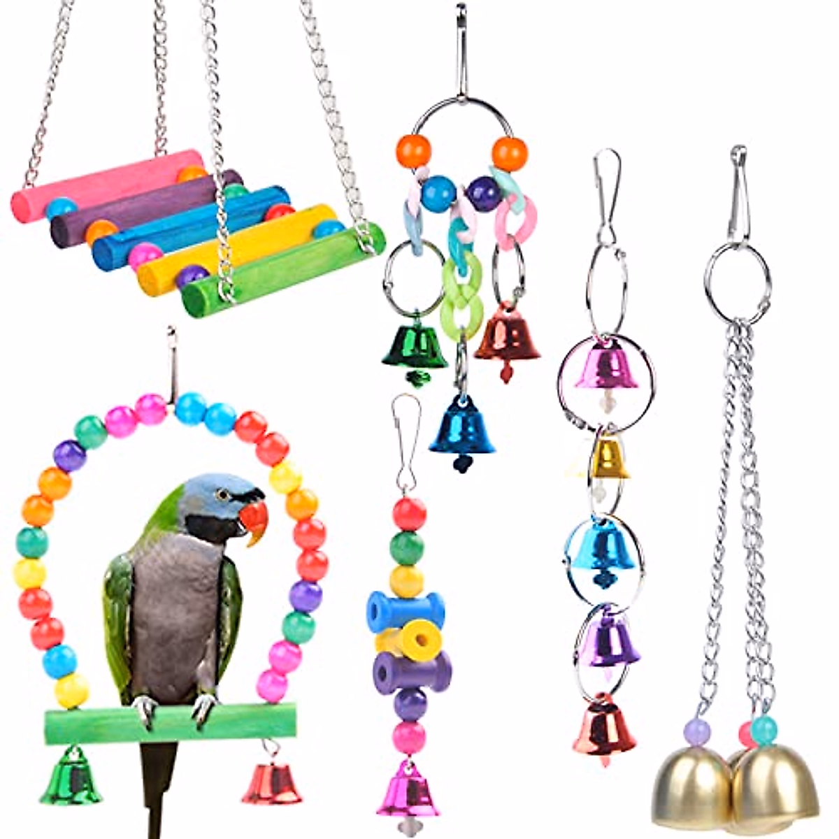 Toysructin Bird Parrot Toys, 6Pcs Bird Cage Ladder Bell Toy for Parrots Parakeets, Wooden Bird Swings for Small Birds Hanging Hammock Toys for Cockatiels,Conures, Budgie,Love Birds Cage Accessories