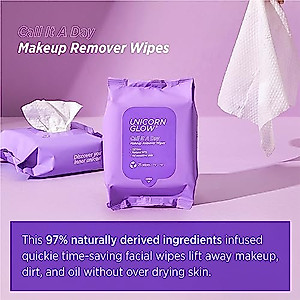 Unicorn Glow Makeup Remover Cleansing Face Wipes - 1 EA [25 count] XL Oversize Biodegradable Daily Cleansing Facial Towelettes to Remove Makeup, Micellar Water, Charcoal, Aloe Extract and Vitamin E, Alcohol Free, Paraben Free - CALL IT A DAY (1 EA)