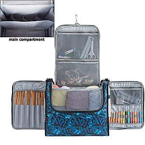 PACMAXI Yarn Storage Knitting Bag-High Capacity Portable Yarn Tote Storage Organizer with Shoulder Strap and Hook for Cotton Yarns, Crochet Hooks, Knitting Needles(Up to 10 Inch) (Blue（Large）)