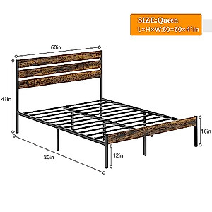 Walsunny Queen Size Bed Frame with Rustic Vintage Wood Headboard and Footboard, Strong Metal Slats Support, Under Bed Storage, Easy to Install, Sturdy and Stable, No Box Spring Needed