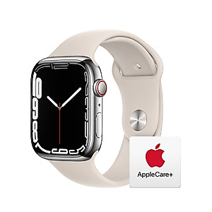 Apple Watch Series 7 [GPS + Cellular 45mm] Smart watch w/Silver Stainless Steel Case with Starlight Sport Band. Fitness Tracker, Blood Oxygen & ECG Apps, Always-On Retina Display, Water Resistant