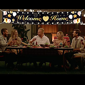 Welcome Home Banner Large Black Gold Welcome Home Yard Sign with LED String Light and Clips for Outdoor Decor Family Gathering Military Homecoming Deployment Returning Party Supplies, 9.8 x 1.6 ft