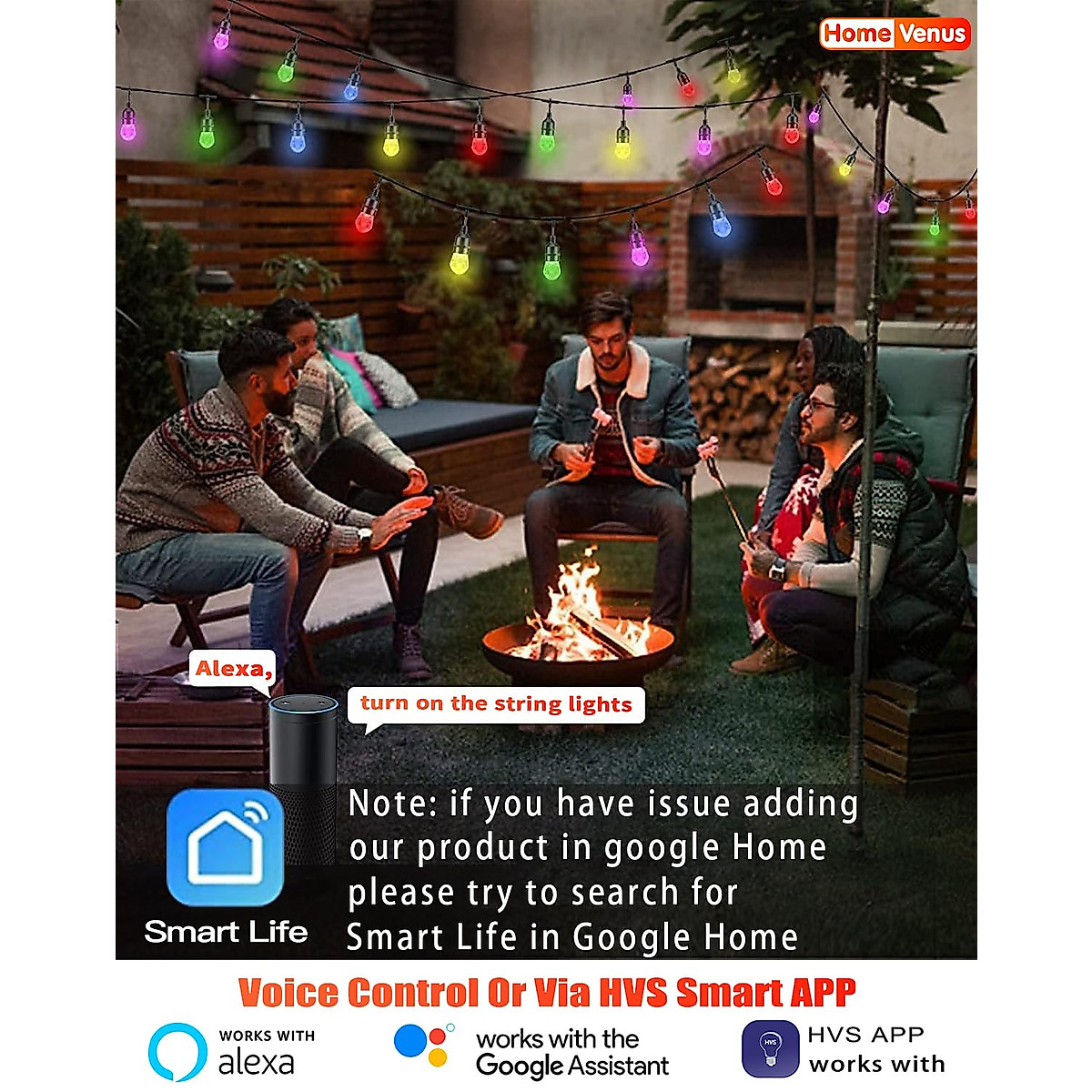 HVS Smart Outdoor String Lights LED 72Ft (2 packs of 36ft) Color Changing RGBW Patio String Lights Infinite Connectable APP Control 2.4GHz WiFi Waterproof 36 Acrylic Work with Alexa Google for Outside