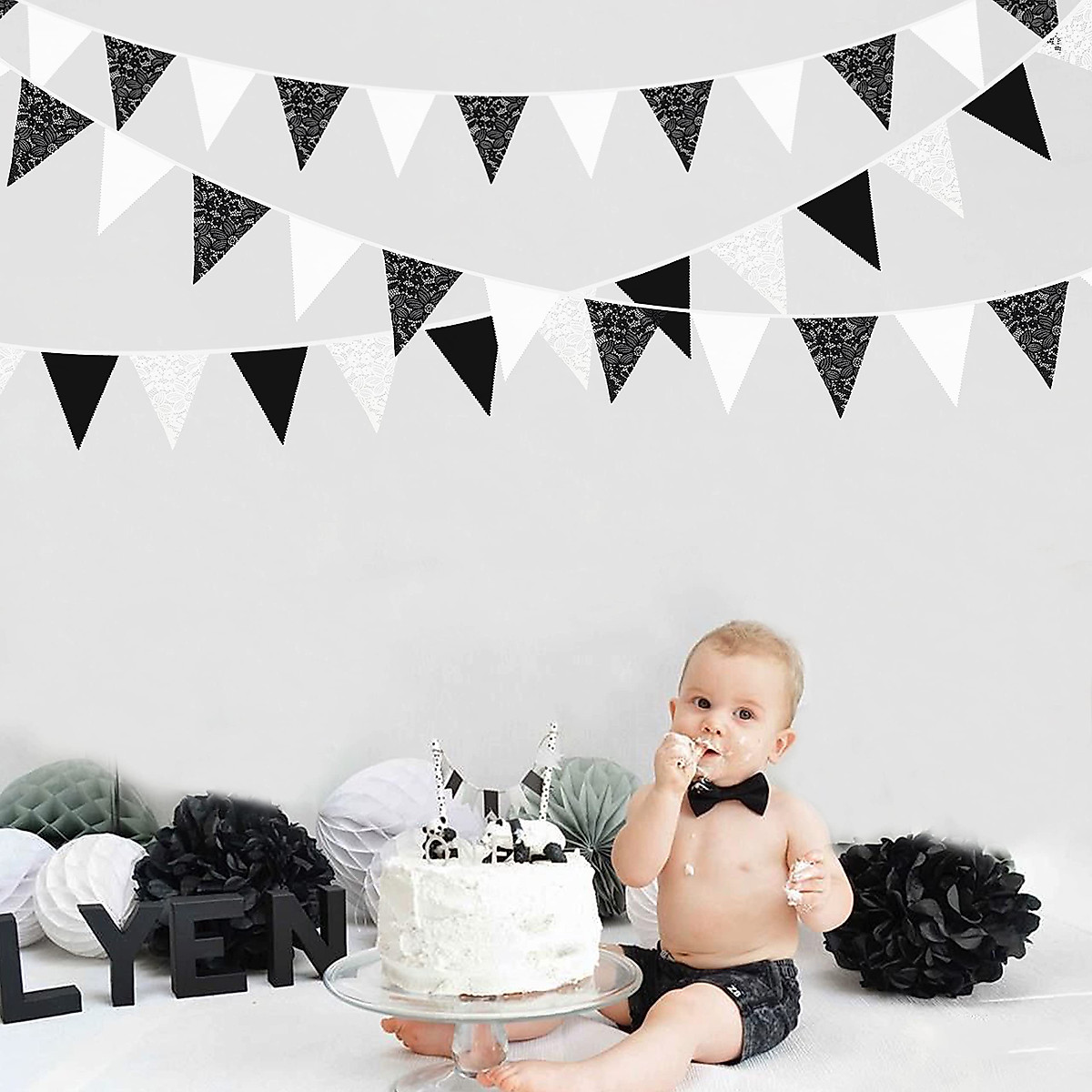 10M/32Ft White Pennant Banner Fabric Lace Triangle Flag Cotton Bunting Garland Streamers for Wedding Chistmas Birthday Anniversary Party Home Nursery Outdoor Garden Hanging Festivals Decorations