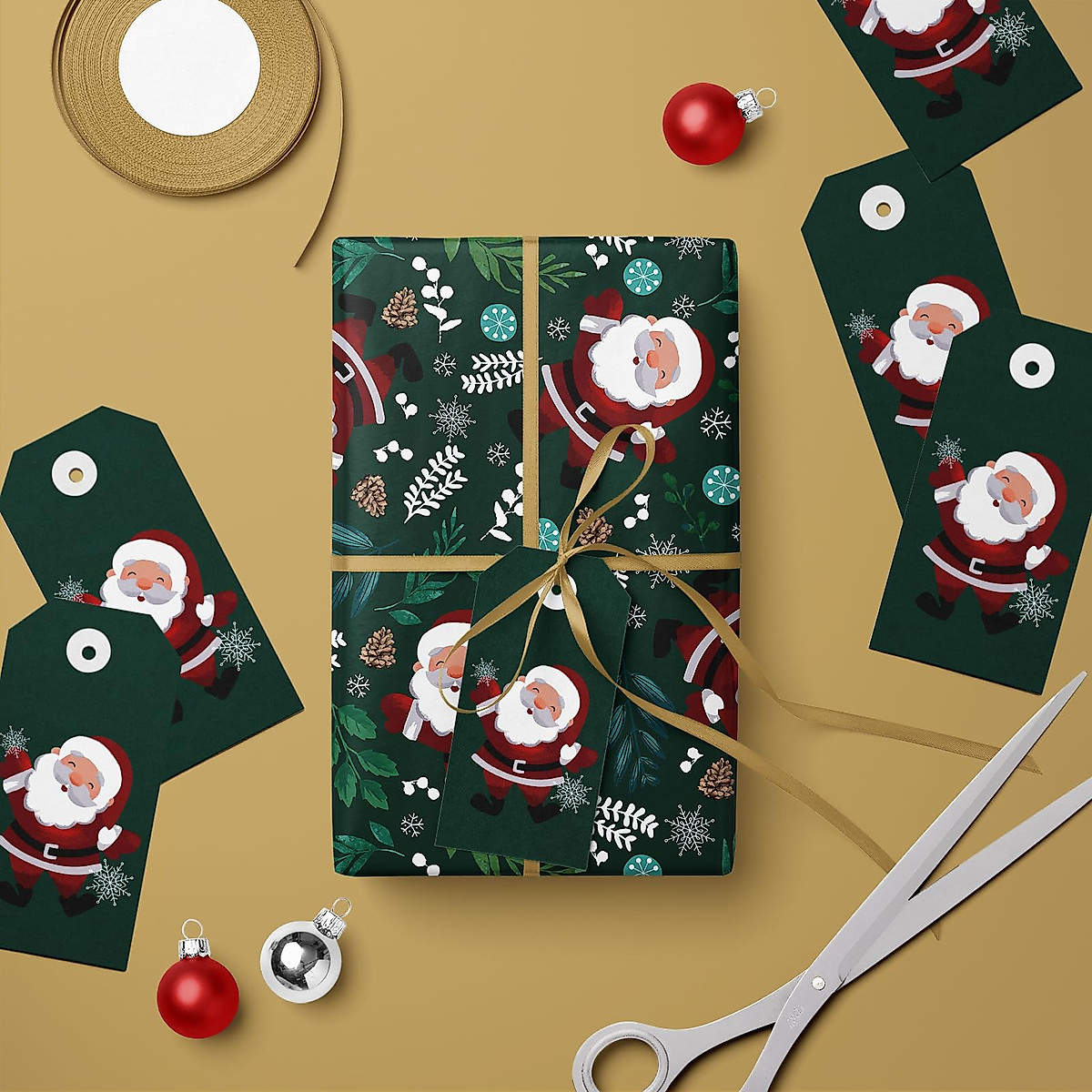 LeZakaa Christmas Wrapping Paper Roll - Santa Claus in Dark Green for Christmas Holiday, Party - 17 inches x 32.8 Feet (46.45 sq.ft.)