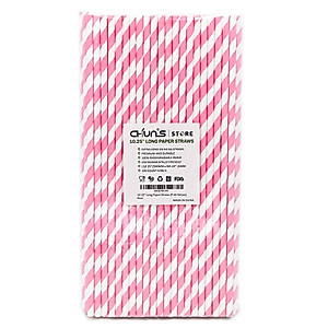 Biodegradable Pink Paper Straws for Drinking - 10 Inches Long, 0.24" Diameter, Pack of 100