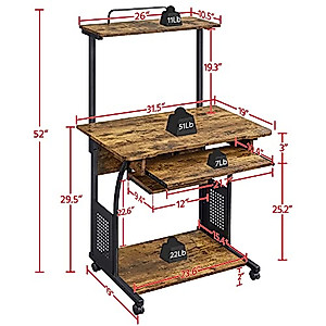 Yaheetech 3 Tiers Rolling Computer Desk with Keyboard Tray and Printer Shelf for Home Office, Mobile Computer Desk for Small Space, Retro Computer Table Compact PC Laptop Workstation, Rustic Brown