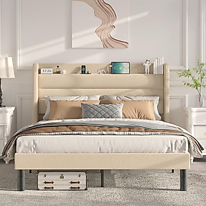 Flolinda King Size Bed Frame with Charging Station, Type-C & USB Ports, Linen Upholstered King Size Bed with Wingback Storage Headboard Shelf Heavy Duty, No Box Spring Needed,Beige