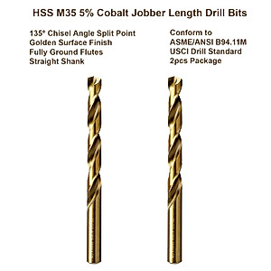 MAXTOOL 13/32" 2pcs Identical Jobber Length Drills HSS M35 Twist Drill Bits 5% Cobalt Fully Ground Golden Straight Shank Drills; JBF35G10R26P2