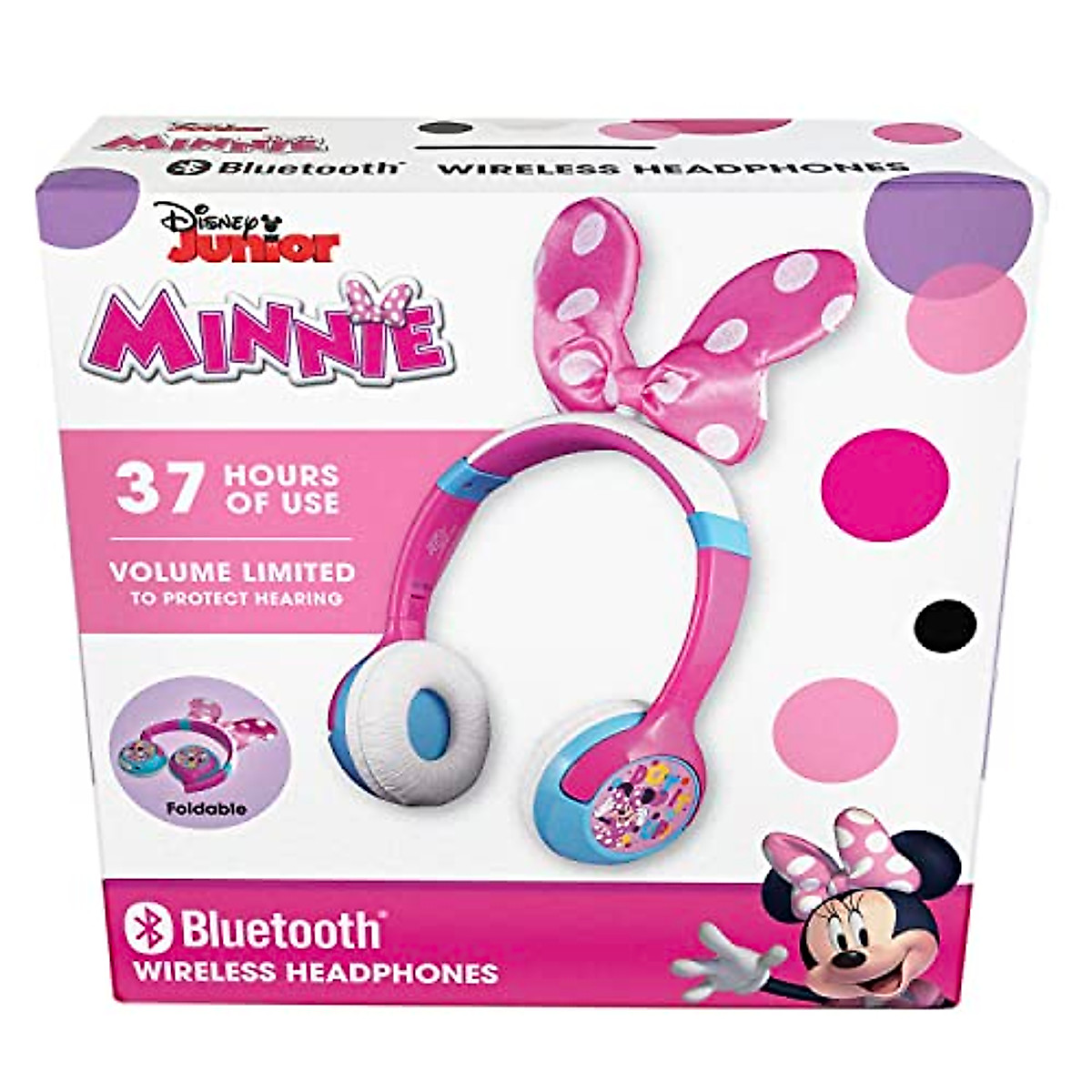 eKids Minnie Mouse Kids Bluetooth Headphones, Wireless Headphones with Microphone Includes Aux Cord, Volume Reduced Kids Foldable Headphones for School, Home, or Travel
