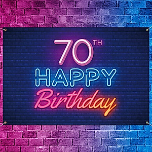 Glow Neon Happy 70th Birthday Backdrop Banner Decor Black – Colorful Glowing 70 Years Old Birthday Party Theme Decorations for Men Women Supplies