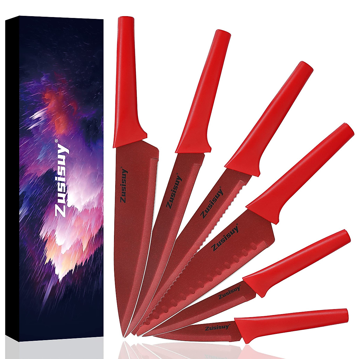 Zusisuy Red Professional Kitchen Knife Chef Set, Kitchen Knife Set Stainless Steel, Kitchen Knife Set Dishwasher Safe with Sheathes