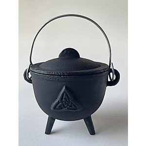Triquetra Cast Iron Cauldron with Lid and Handle, Witches Cauldron, Great for Use with Charcoal Incense, Smudge Sage, 4.25"-4.5"