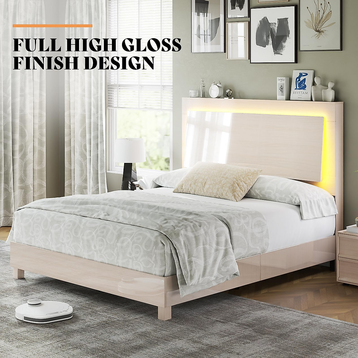 AMERLIFE Queen Size Beds Frame with Smart RGBW LED Lights, High Gloss Wooden Platform Bed Frame with Floating Ergonomic Headboard, Slats Support/Noise Free/No Box Spring Needed, White Woodgrain