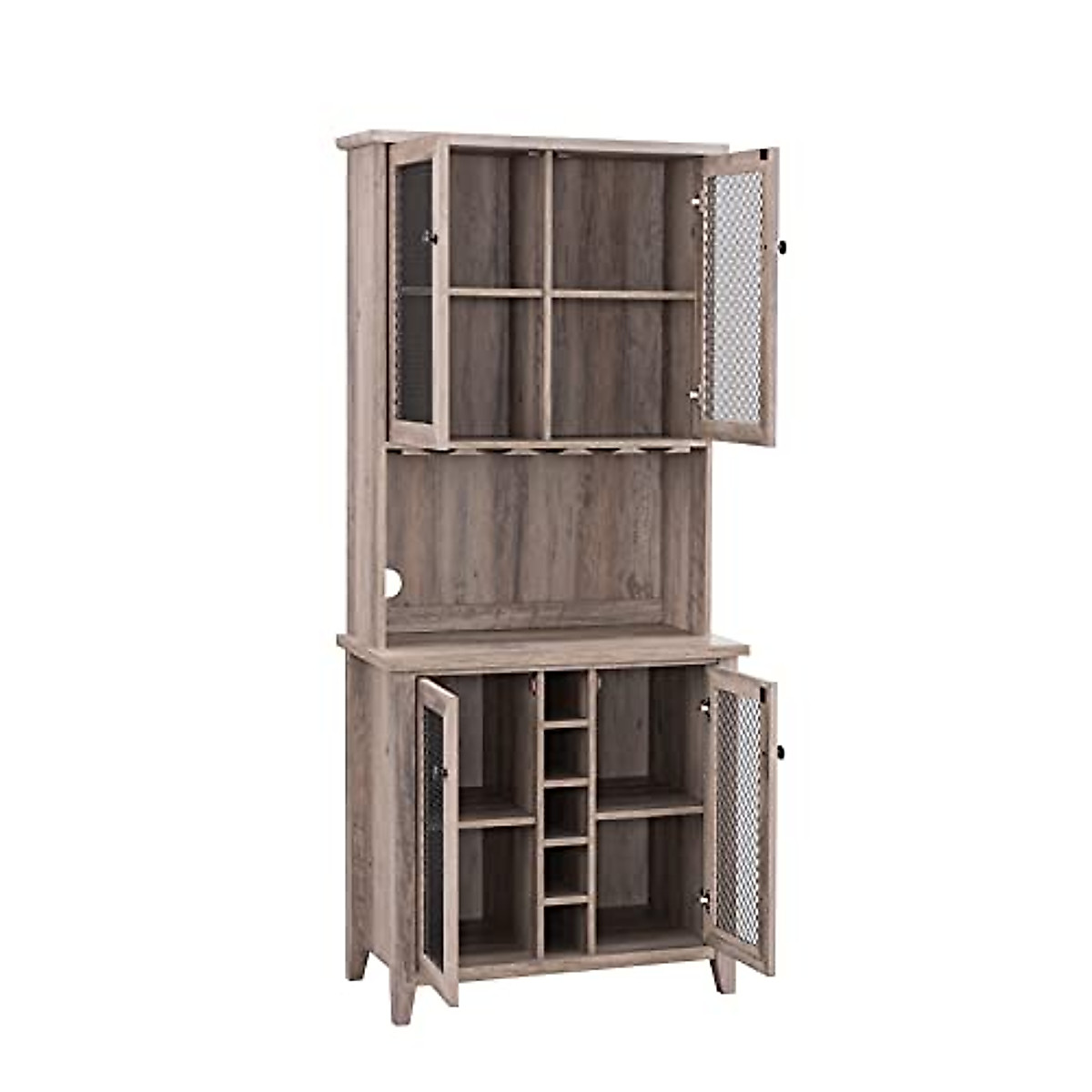 Home Source Jill Zarin Bar Cabinet in Grey Wash with Mesh Doors and Stem Glass Placement
