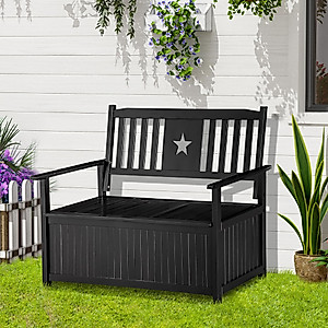 Outsunny Outdoor Wooden Storage Bench Deck Box, Wood Patio Furniture, 43 Gallon Pool Storage Bin Container with Backrest and Armrests, Interior Cloth Bag, Star Motif, Black