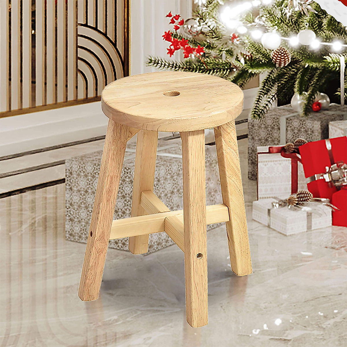 Lestar Round Wooden Stool, Solid Wood 18 Inch Stool, Small Wooden Shoe Changing Stool, Solid Wood Vanity Stool Plant Stool 350 lbs Capacity