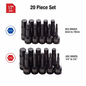 SUNEX TOOLS 2637, 1/2" Drive Master Impact Hex Driver Set, 20Piece, SAE/Metric, 1/4" - 3/4", 6mm - 19mm, Cr-Mo Steel, Dual Size Markings, Heavy Duty Storage Case, Meets ANSI Standards